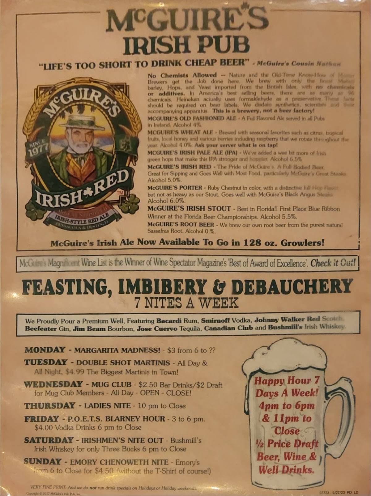 Menu at McGuire's Irish Pub of Destin, Destin, 33 US-98
