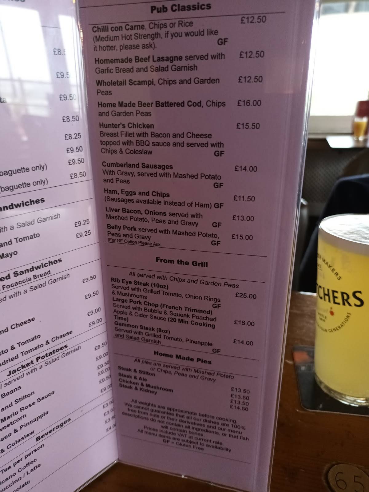 Menu at Mount Batten Bar, Plymouth