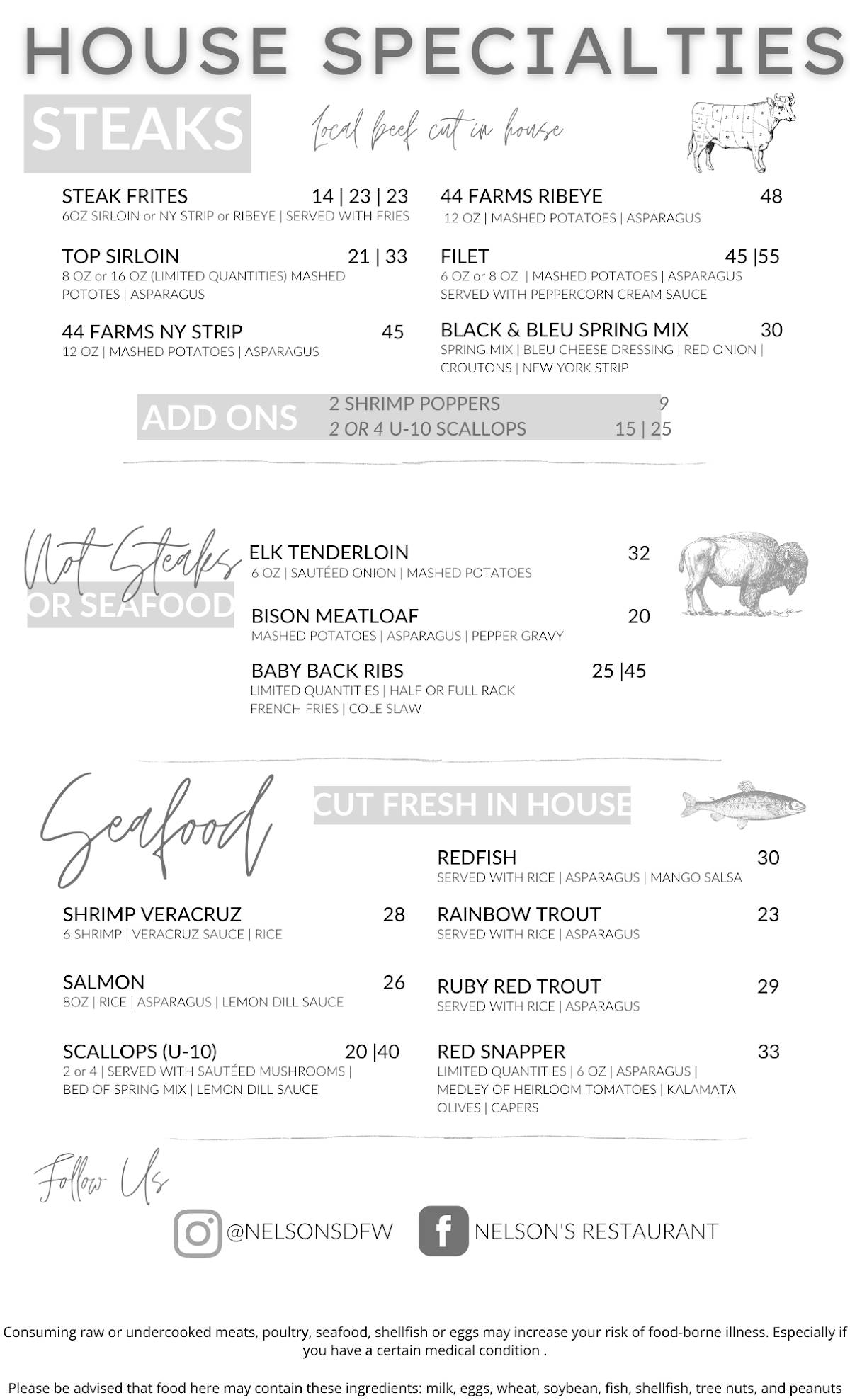 Menu at NELSON'S Seafood, Steaks and Cocktails pub & bar, Dallas Menu at NELSON'S Seafood, Steaks and Cocktails pub & bar, Dallas