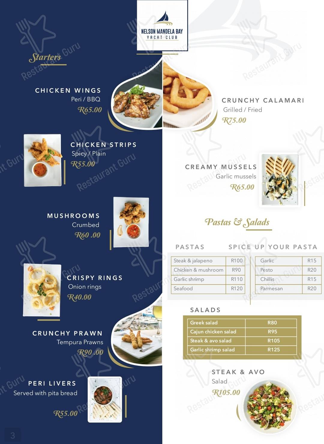 Menu at Nelson Mandela Bay Yacht Club, Port Elizabeth