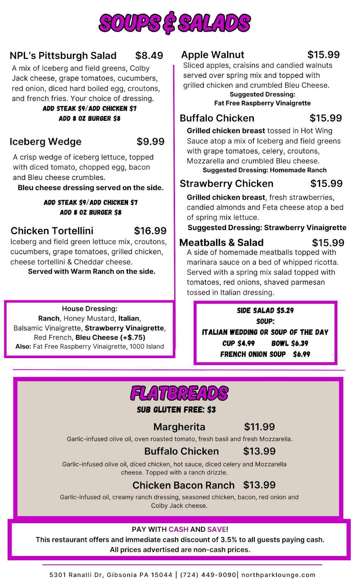 Menu at North Park Lounge Richland pub & bar, Gibsonia