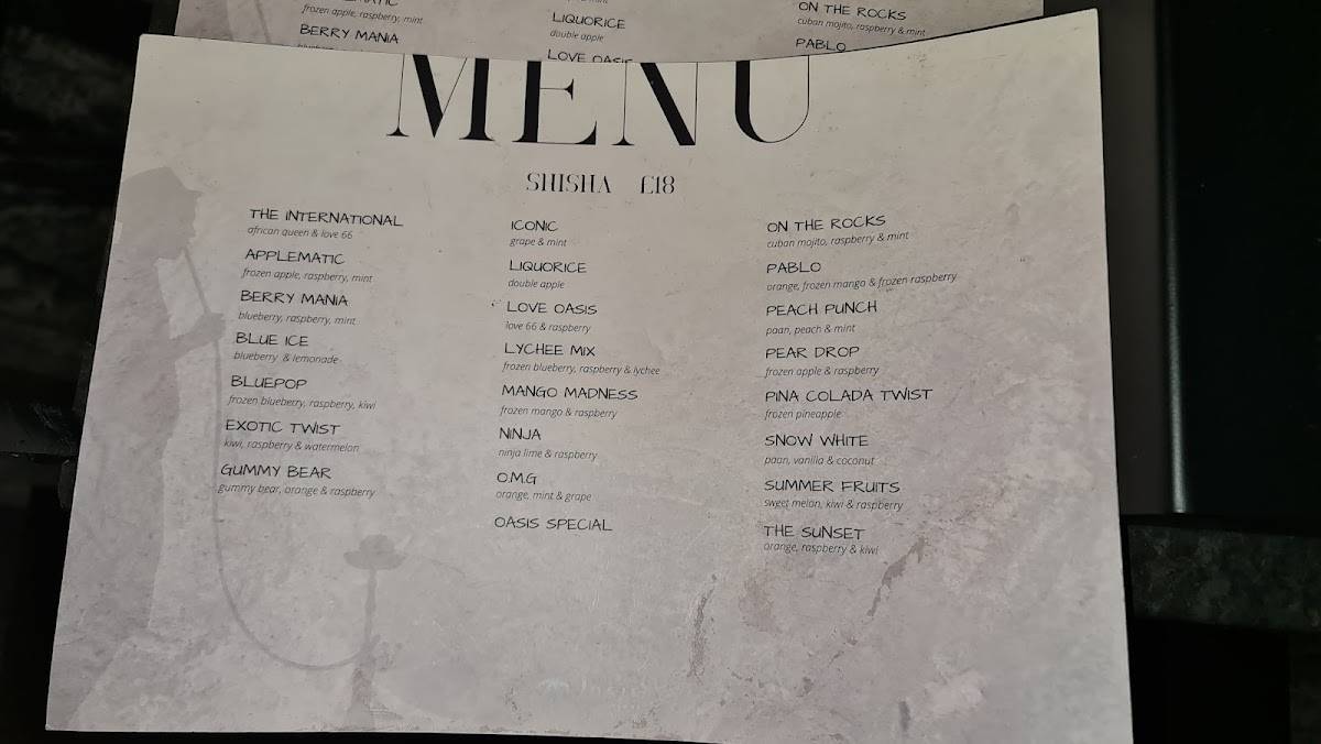 Menu at Oasis Lounge pub & bar, Glasgow