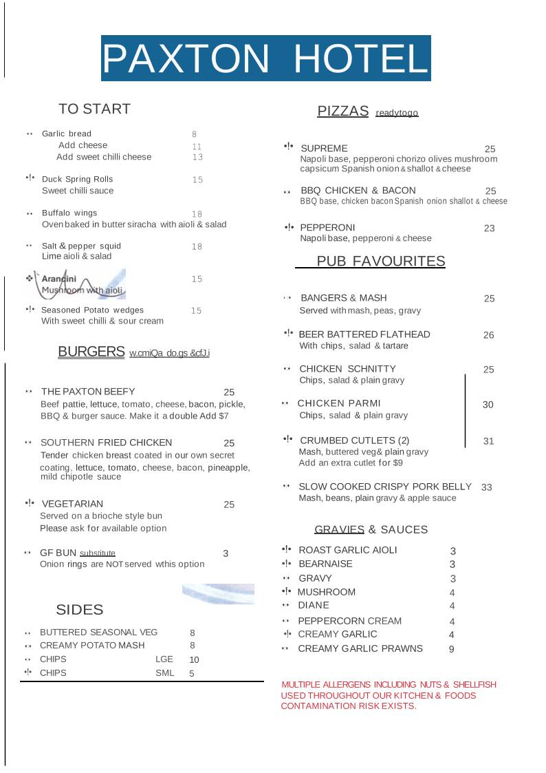 Menu at Paxton Pub, Paxton