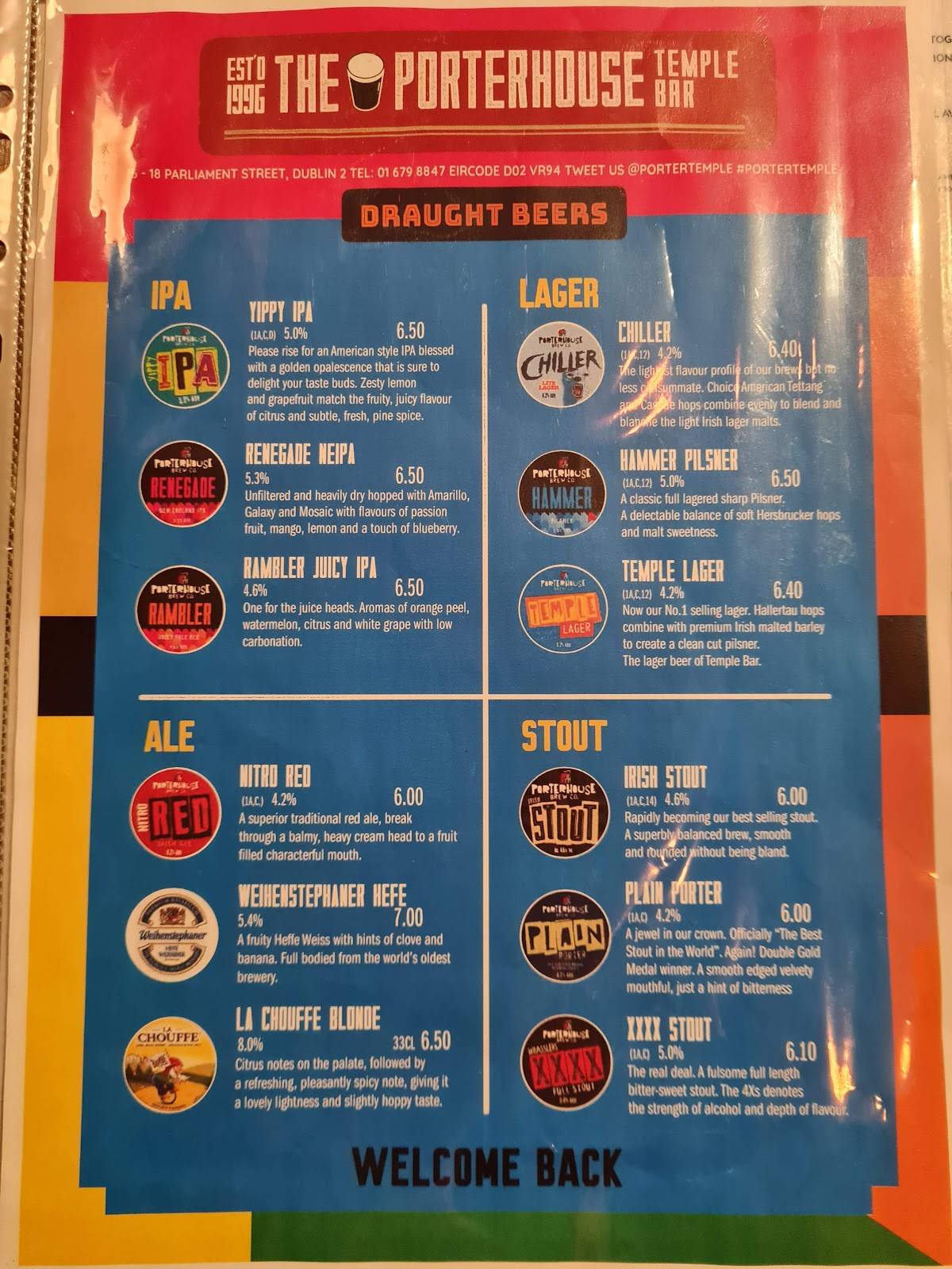 Menu at Porterhouse Temple Bar, Dublin, 16-18 Parliament St