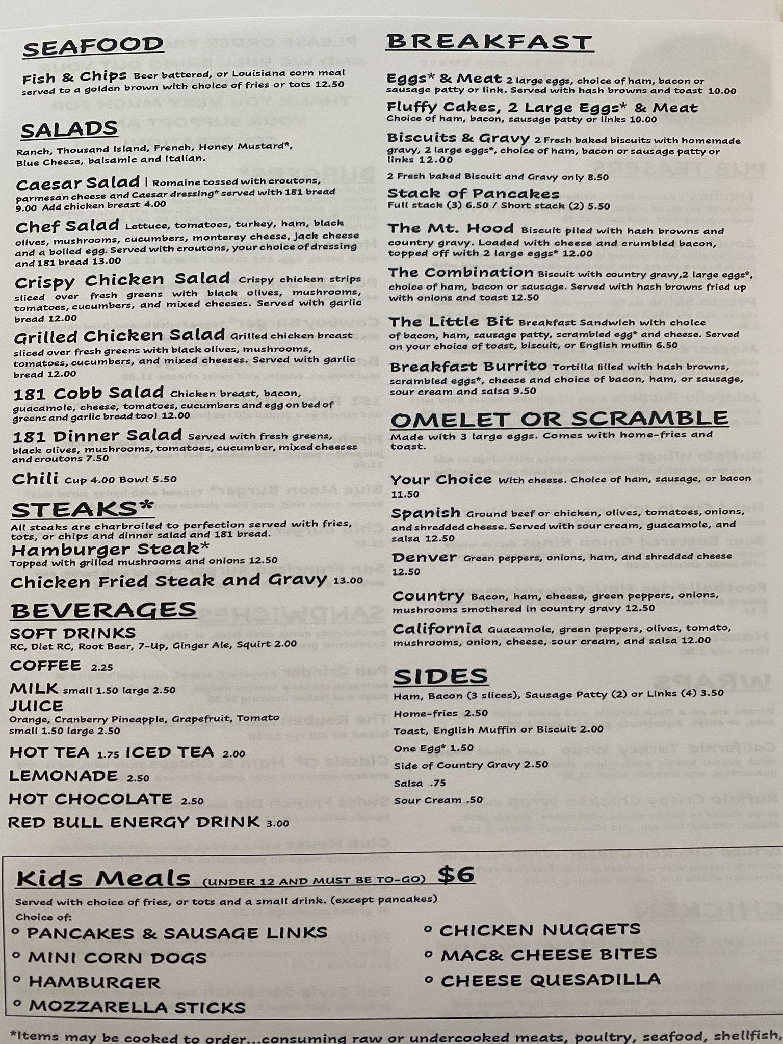 Menu at Pub 181, Gresham