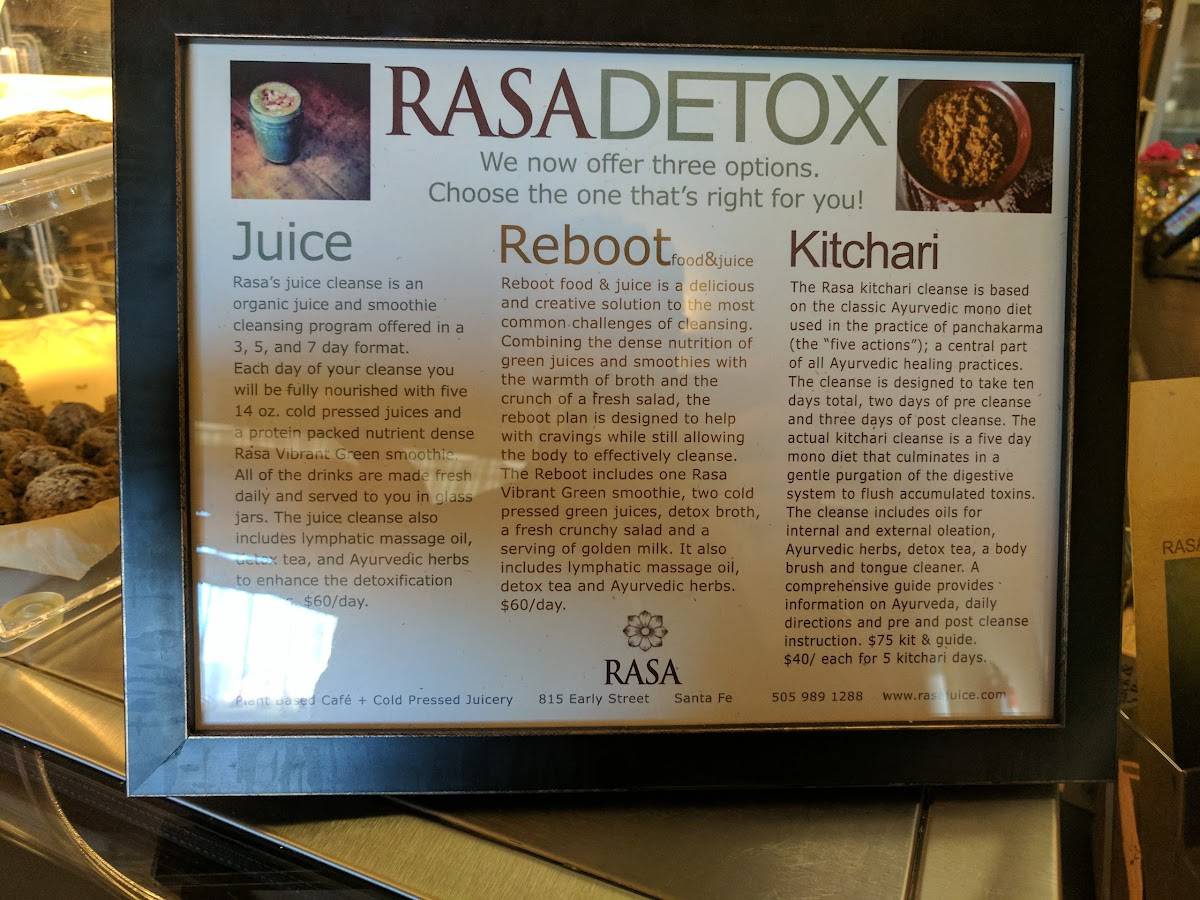Menu at Rasa Kitchen & Juice pub & bar, Santa Fe
