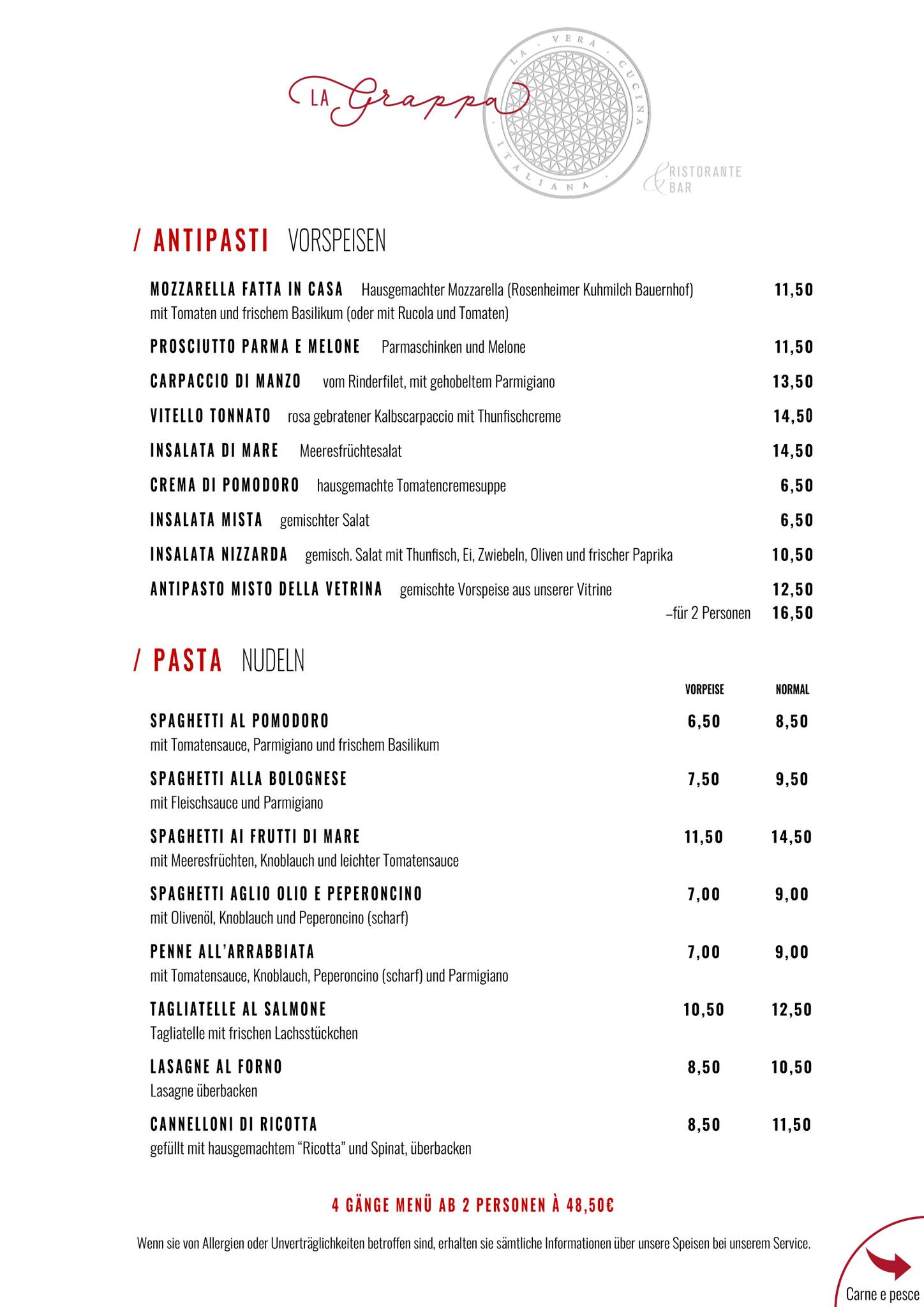 Speisekarte von Ristorante & Bar La Grappa, Rosenheim