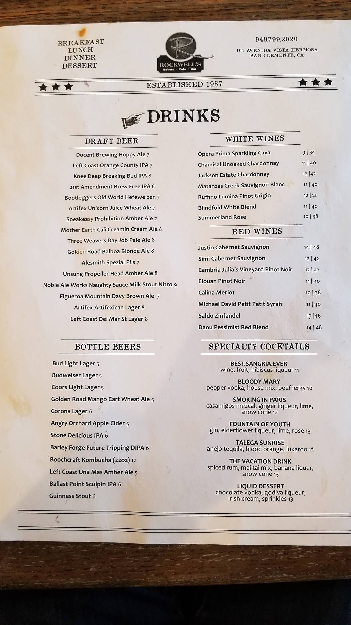 Menu at Rockwell's Bakery, San Clemente