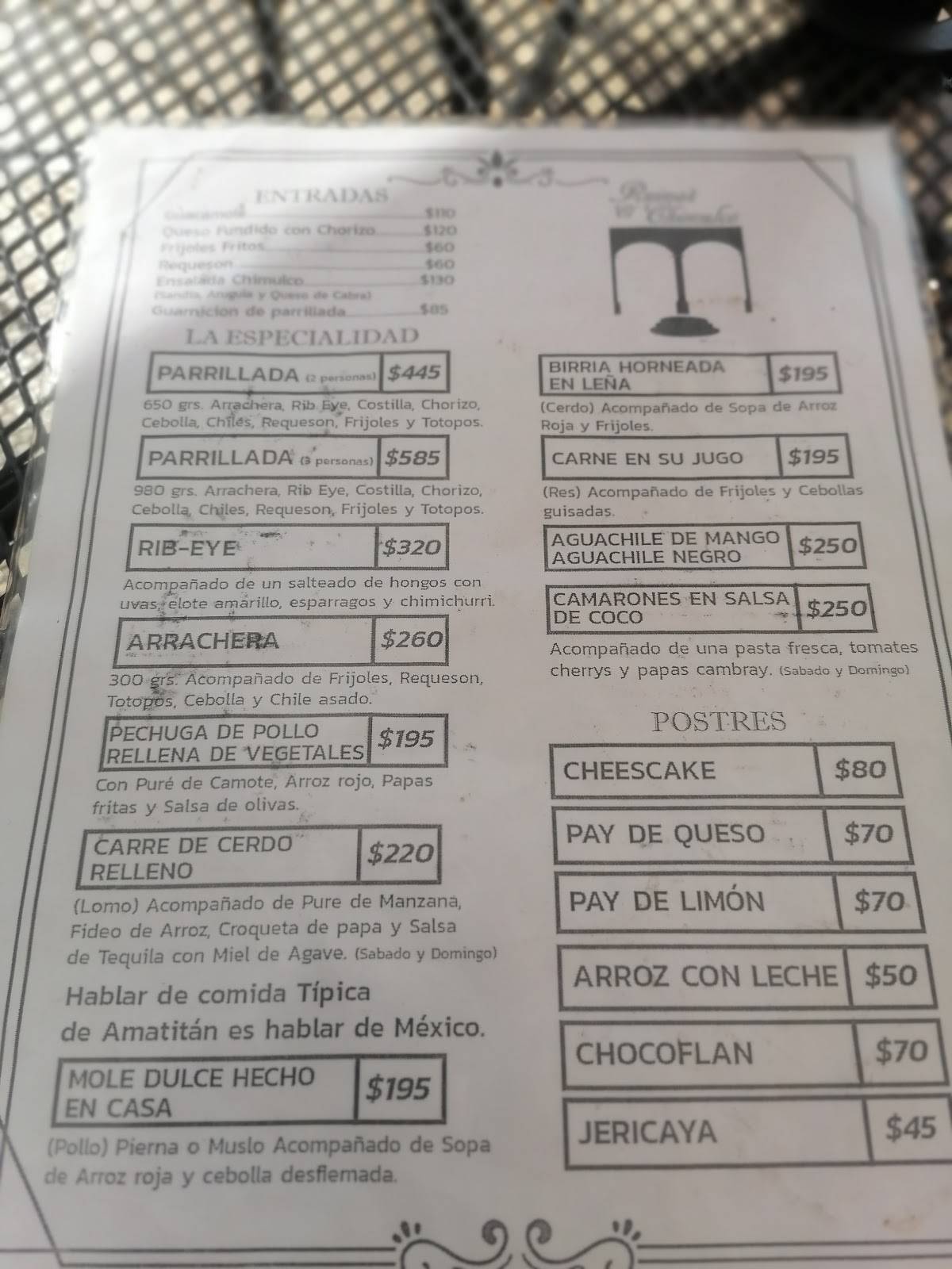 Carta de Ruinas Chimulco Restaurante, Amatitán