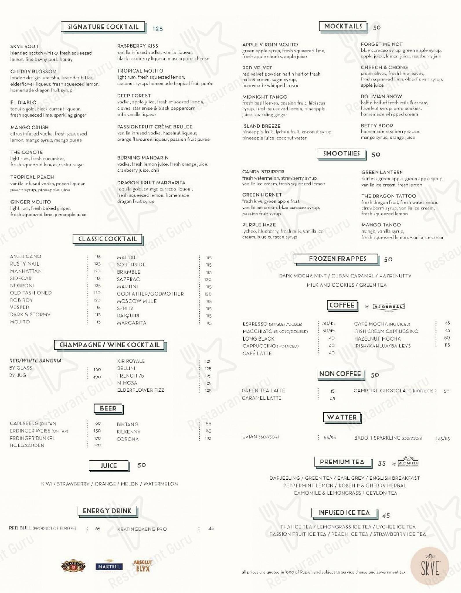 Menu at SKYE Rooftop Dining & Lounge restaurant, Jakarta