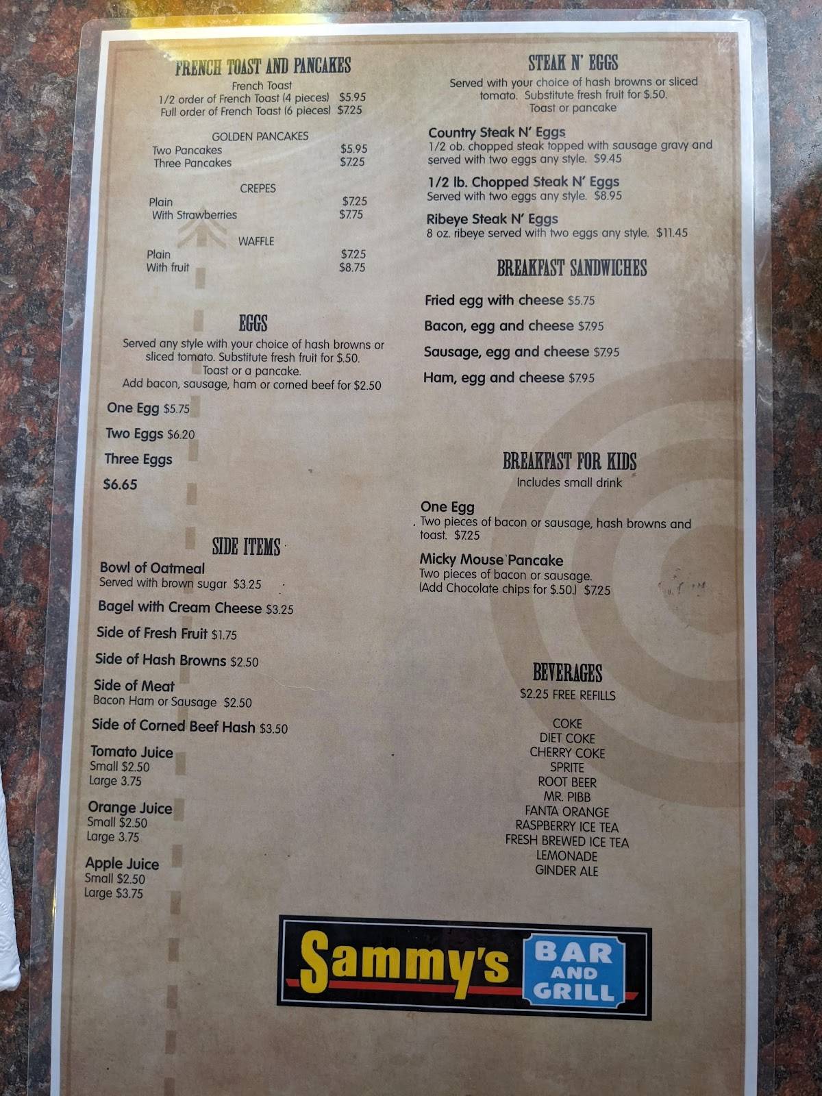 Menu at Sammy's Restaurant & Bar, Huntley