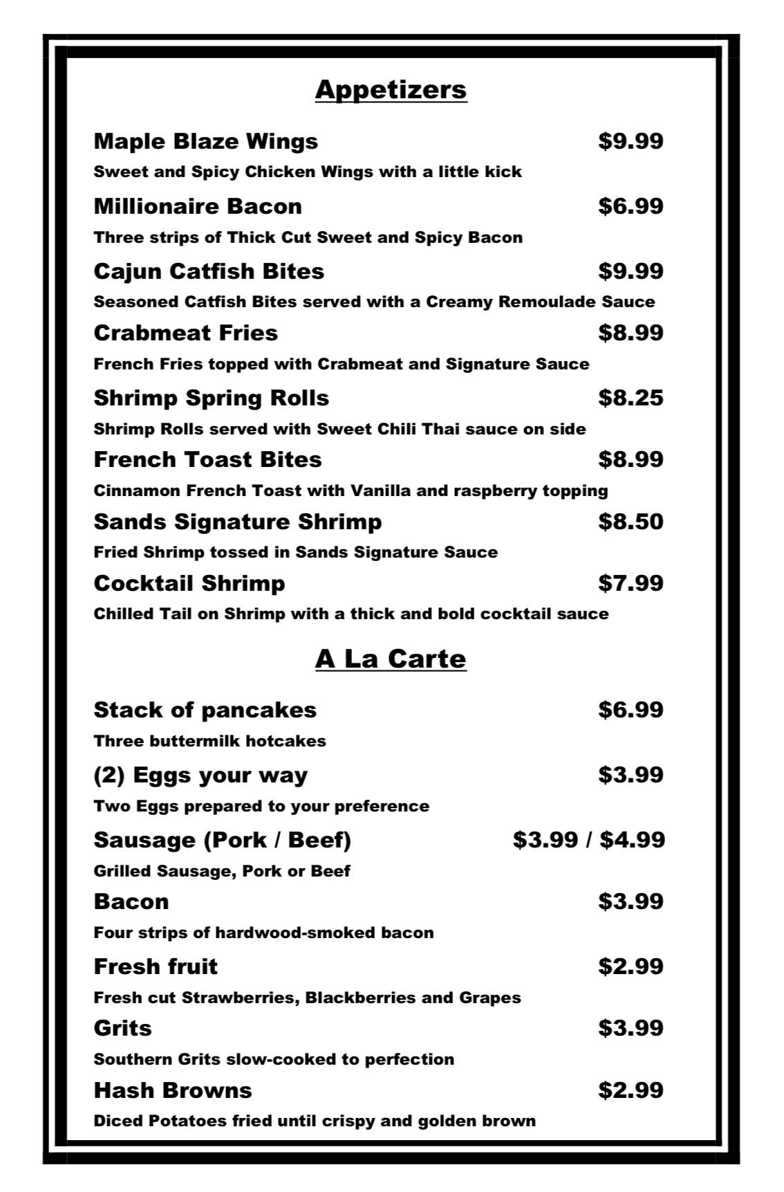 Menu at Sands Seafood and Sports Bar, Huber Heights