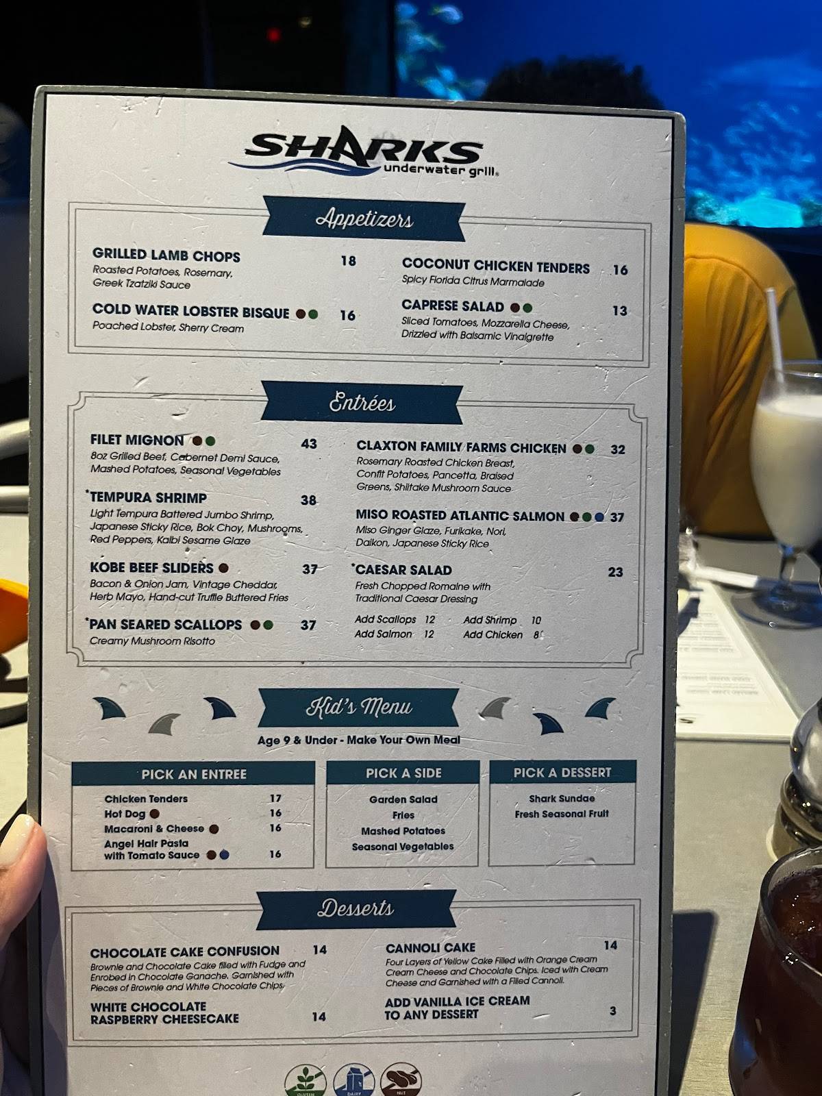 Menu at Sharks Underwater Grill pub & bar, Orlando