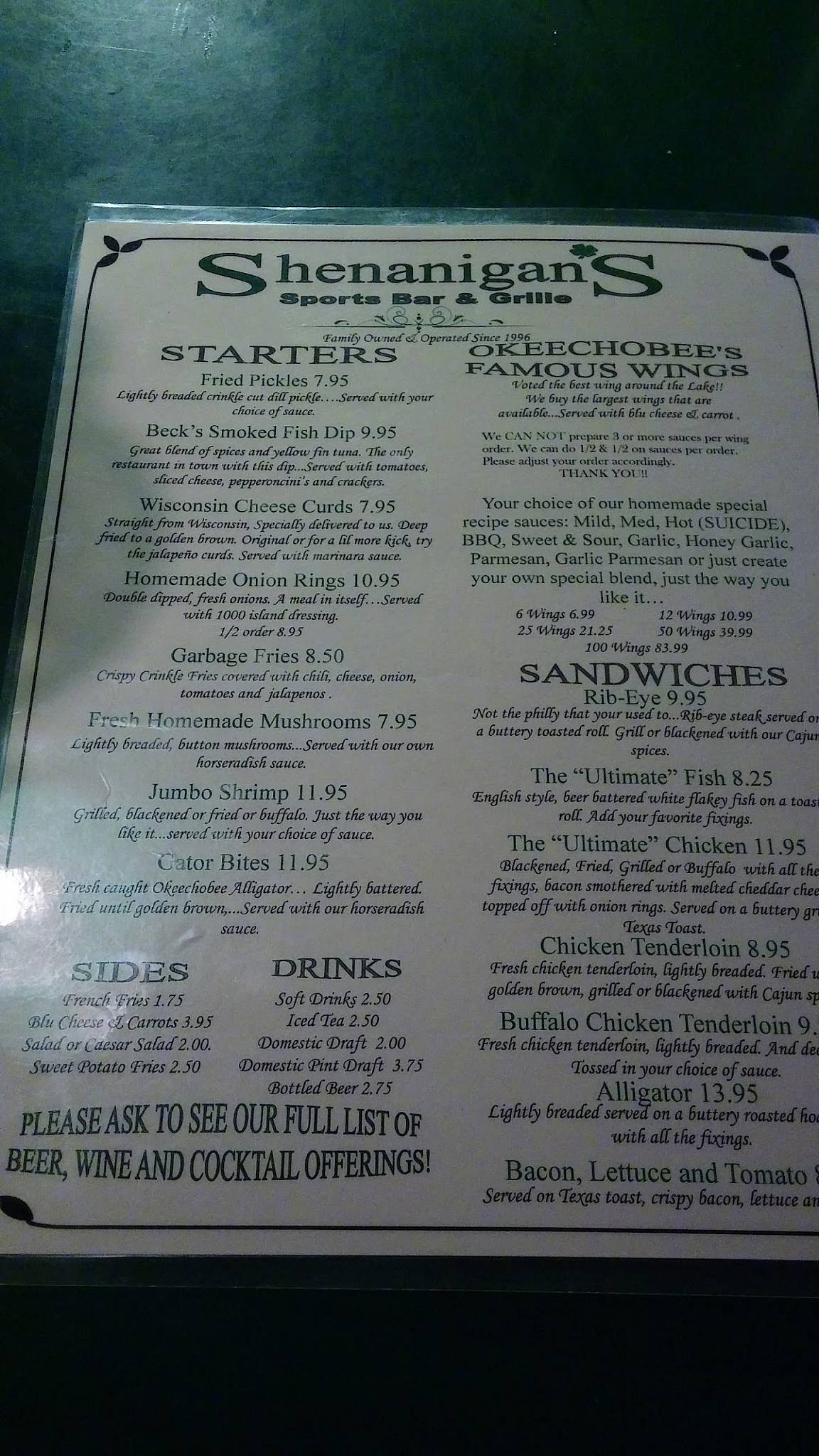 Menu at Shenanigans pub & bar, Okeechobee, US-98