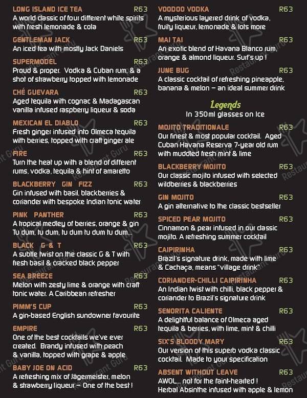 Menu at Six Cocktail Bar, Johannesburg
