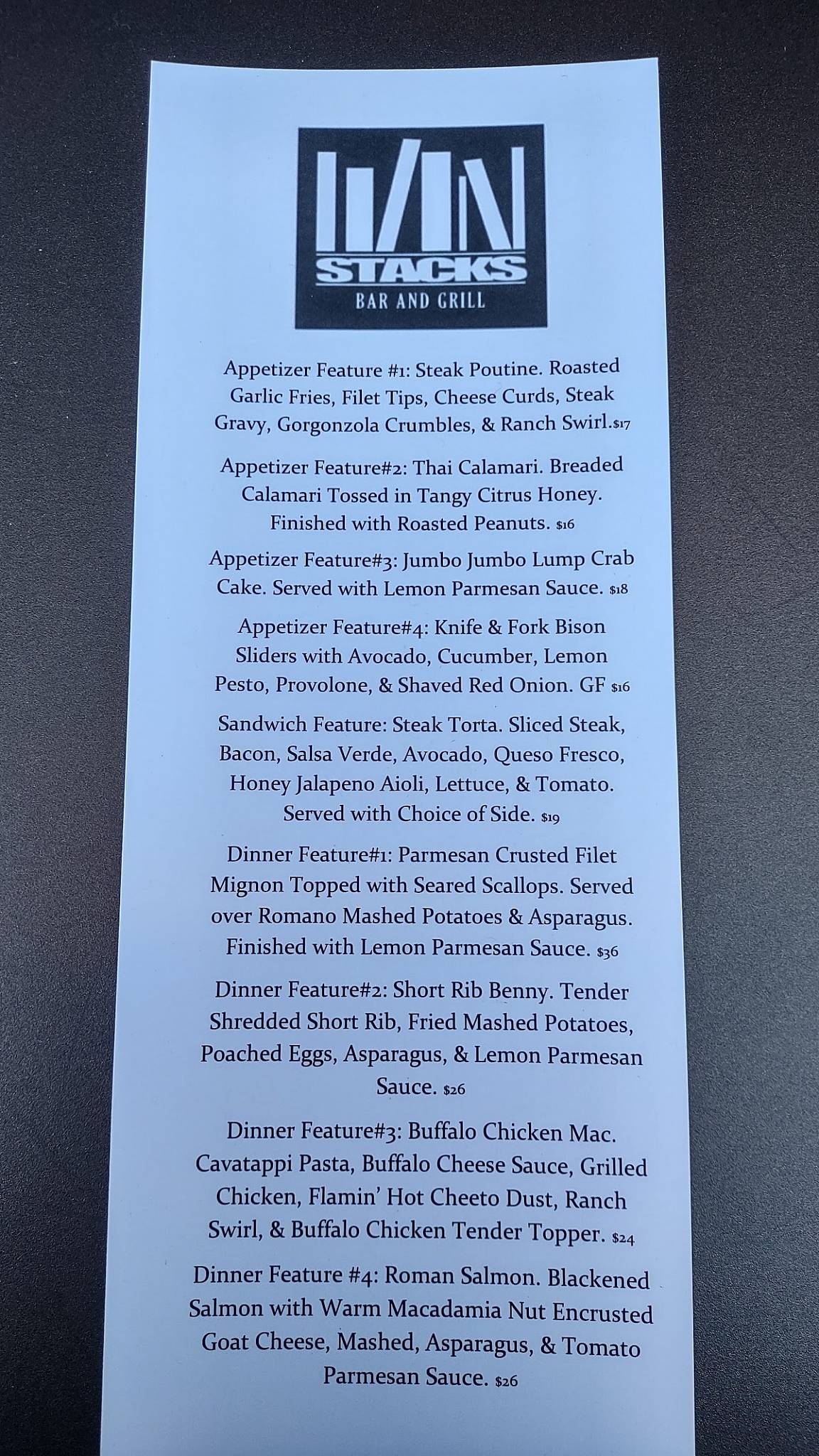 Menu at Stacks Bar and Grill, Valparaiso
