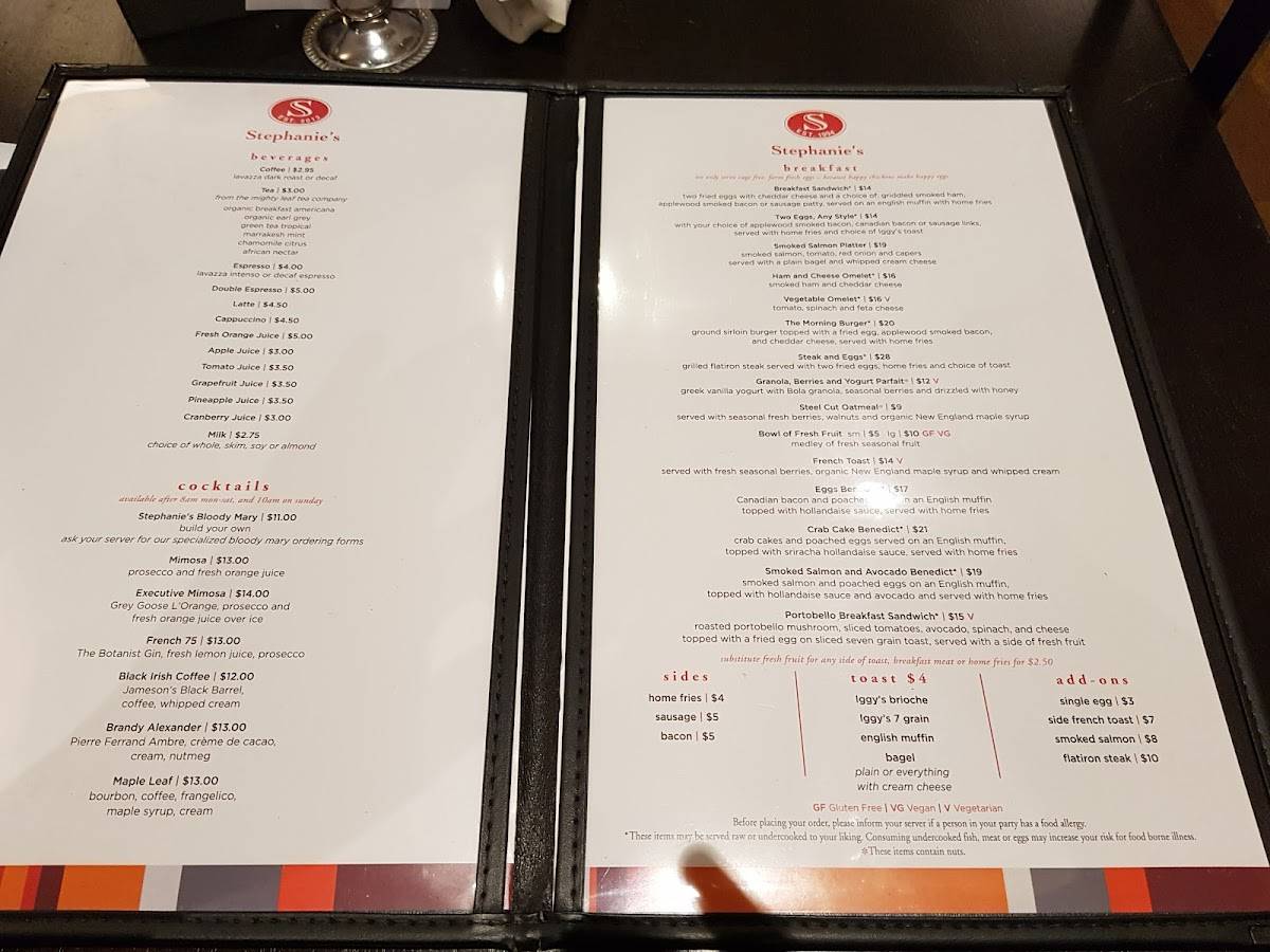 Menu at Stephanie's pub & bar, Boston, Logan Airport Terminal B