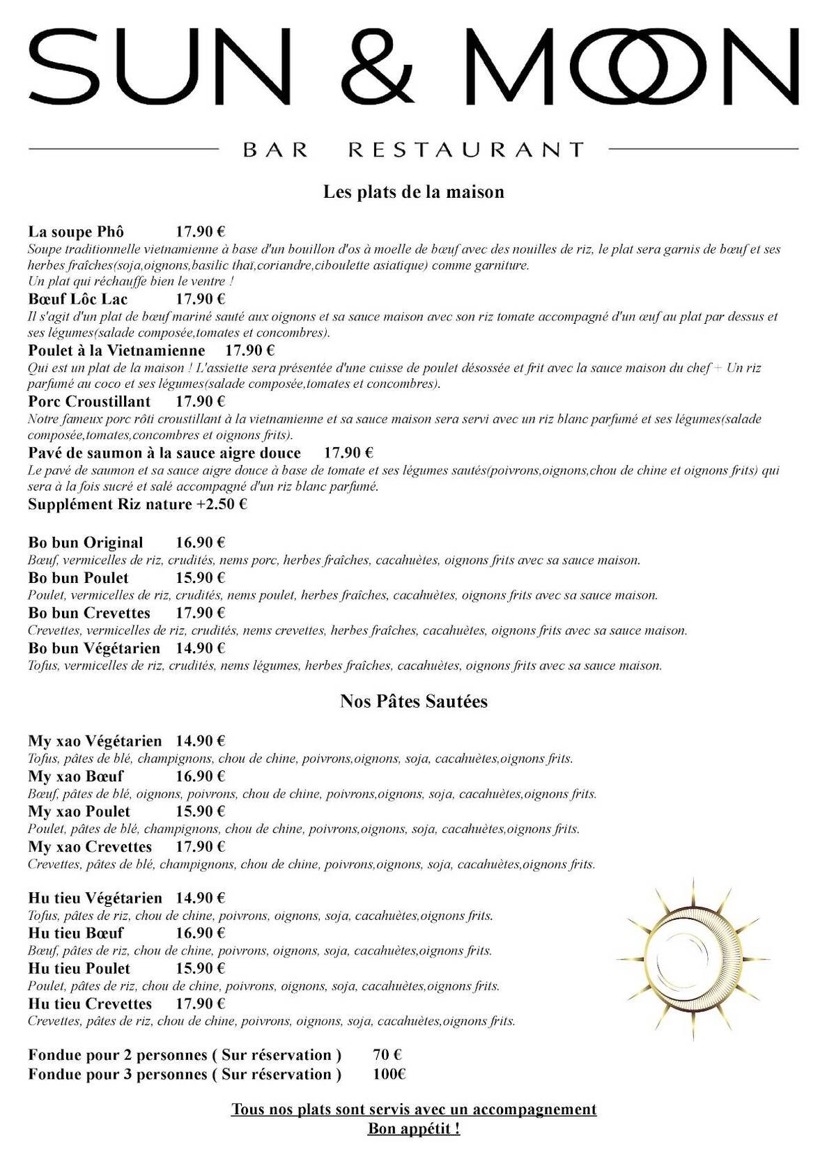 Menu au Restaurant Sun and Moon, Caluire-et-Cuire