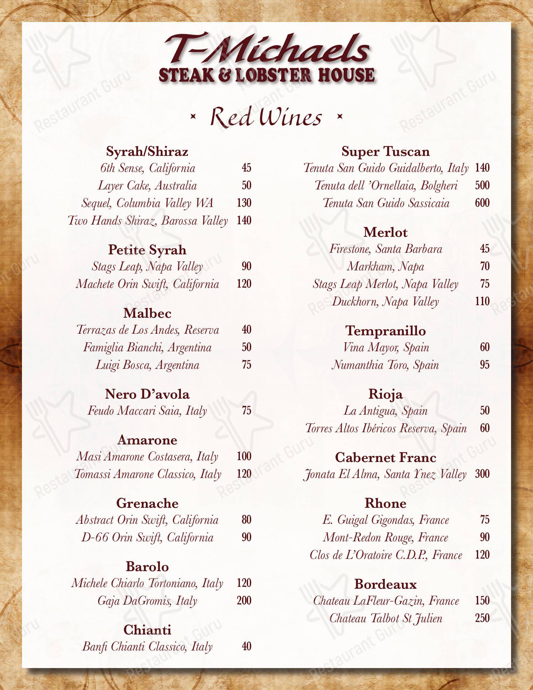 Menu at T-Michaels Steak & Lobster pub & bar, Naples