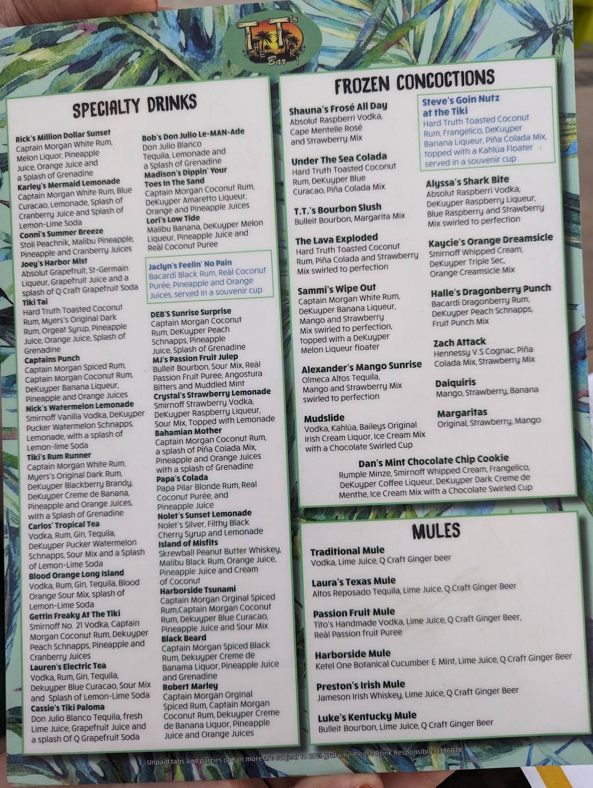 Menu at TT's Tiki Bar, Punta Gorda