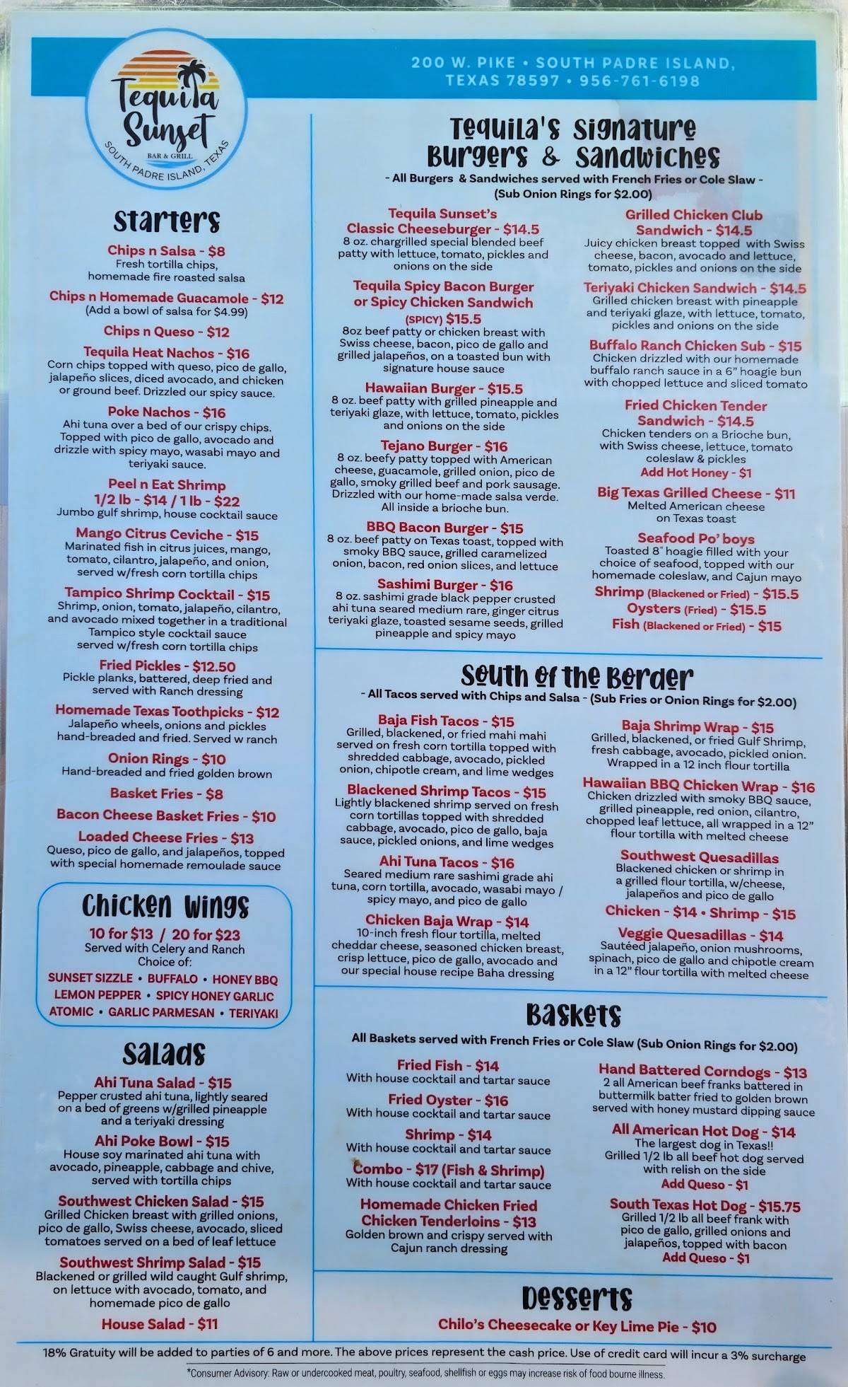 Menu at Tequila Sunset Bar & Grill, South Padre Island