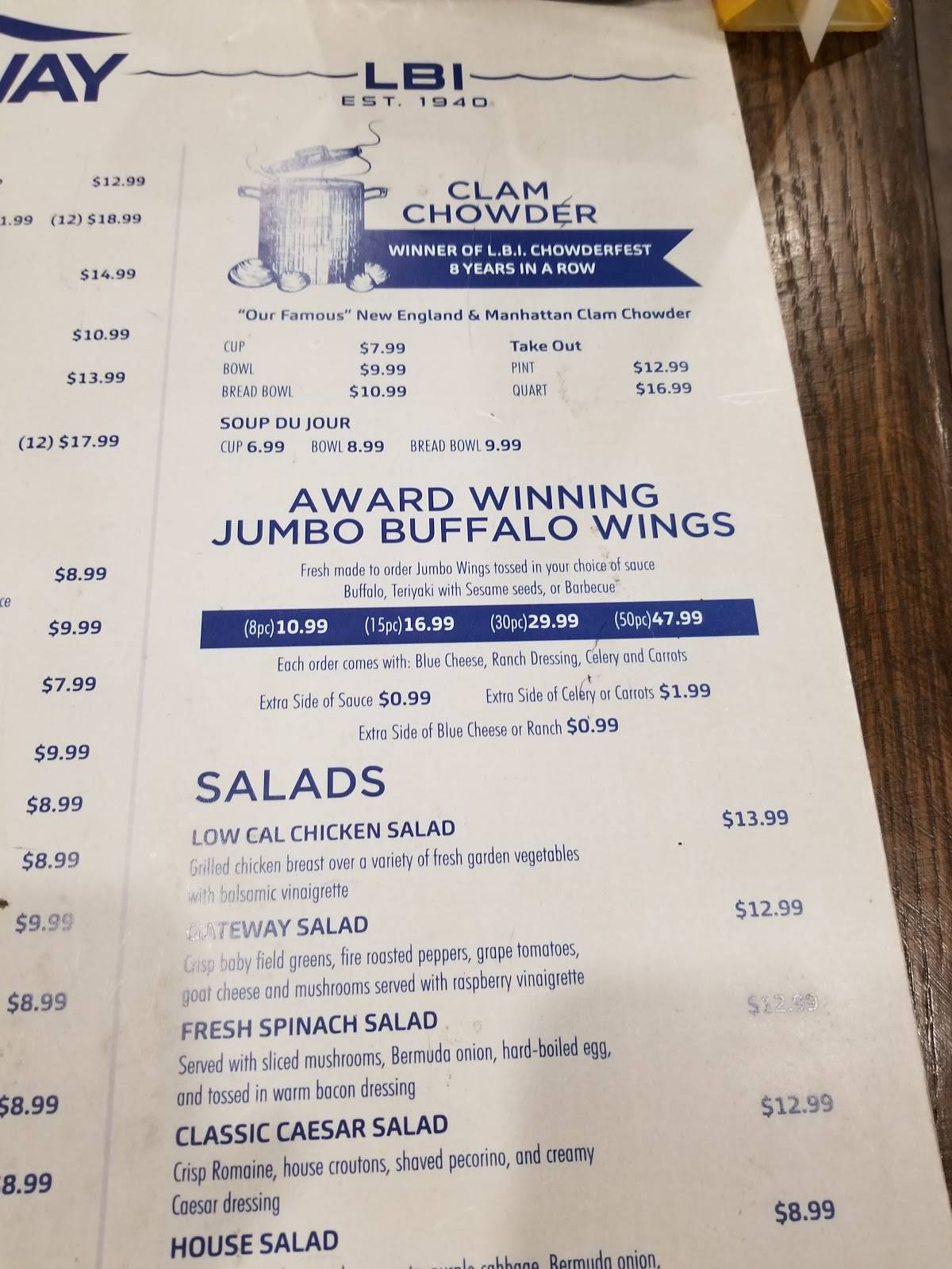 Menu at The Gateway Bar, Restaurant and Liquor Store, Ship Bottom