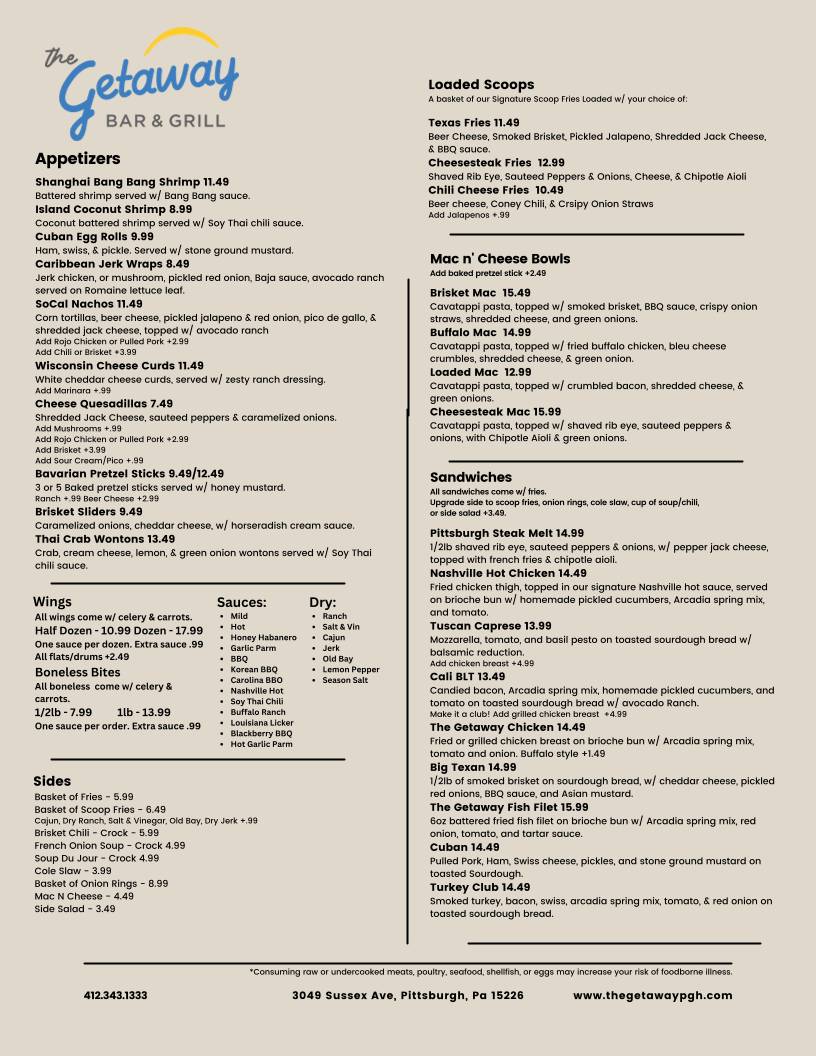 Menu at The Getaway Bar & Grill, Pittsburgh, Sussex Ave