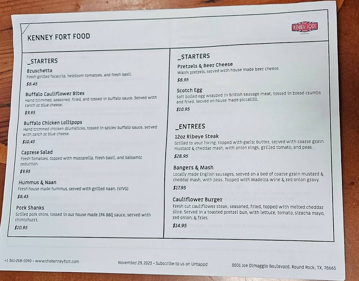 Menu at The Kenney Fort Pub, Round Rock