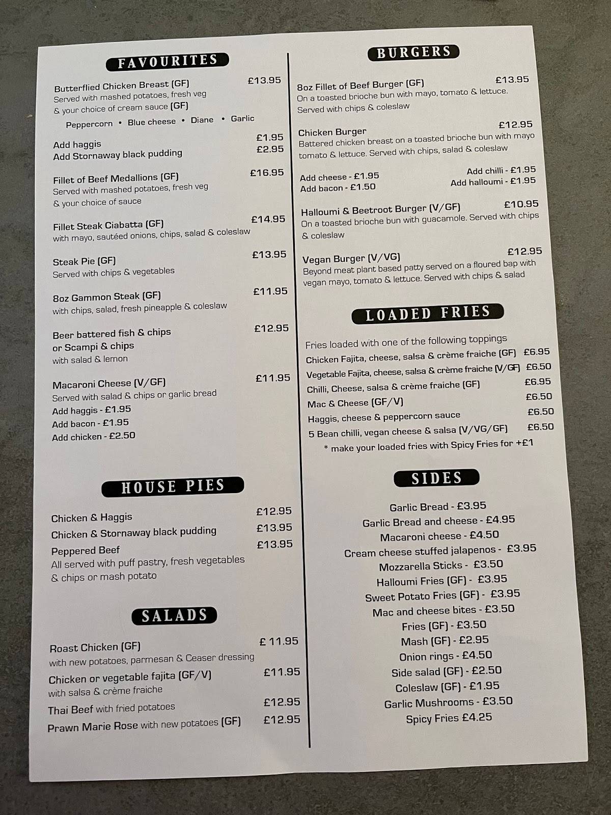 Menu at The Linden Inn Bar & Steakhouse, Stirling
