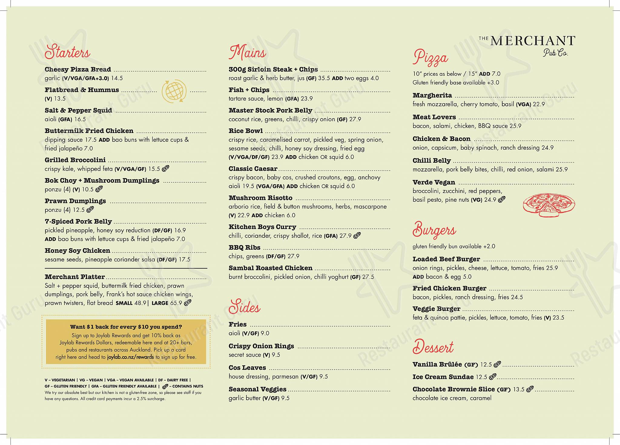 Menu at The Merchant Pub Co., Auckland