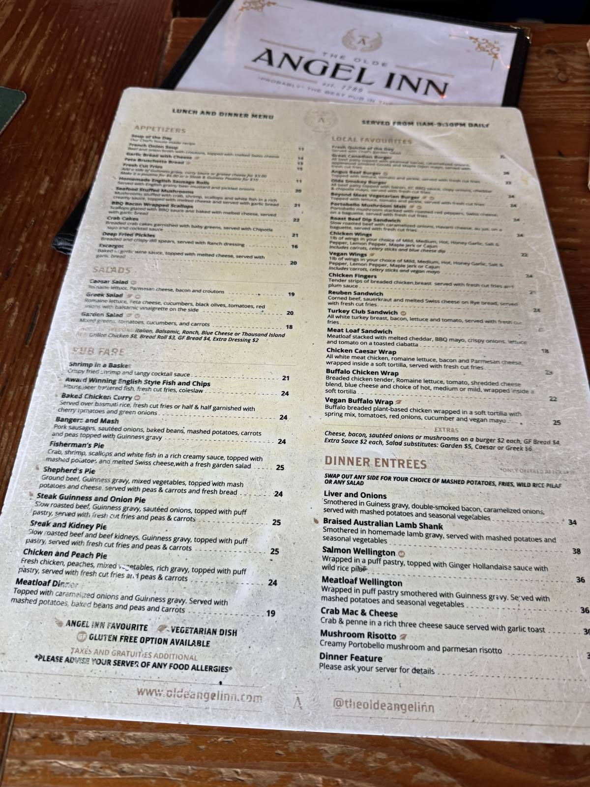 Menu at The Olde Angel Inn pub & bar, Niagara-on-the-Lake