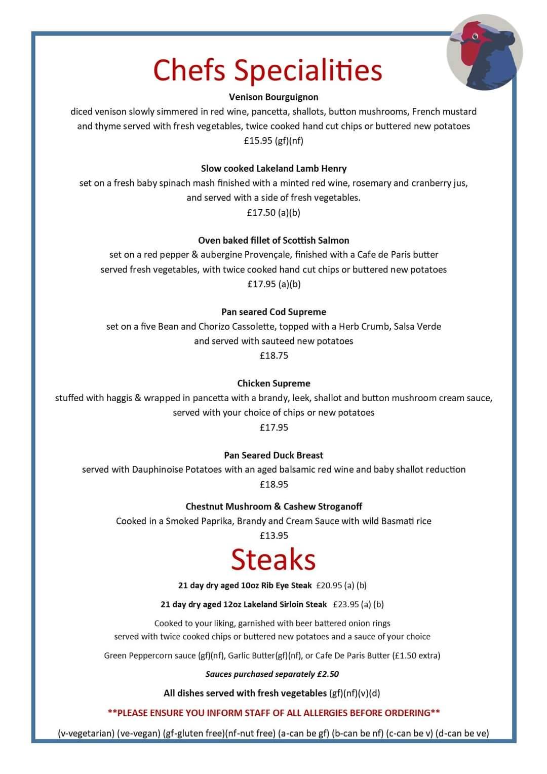 Menu at The Pheasant Inn pub & bar, Keswick