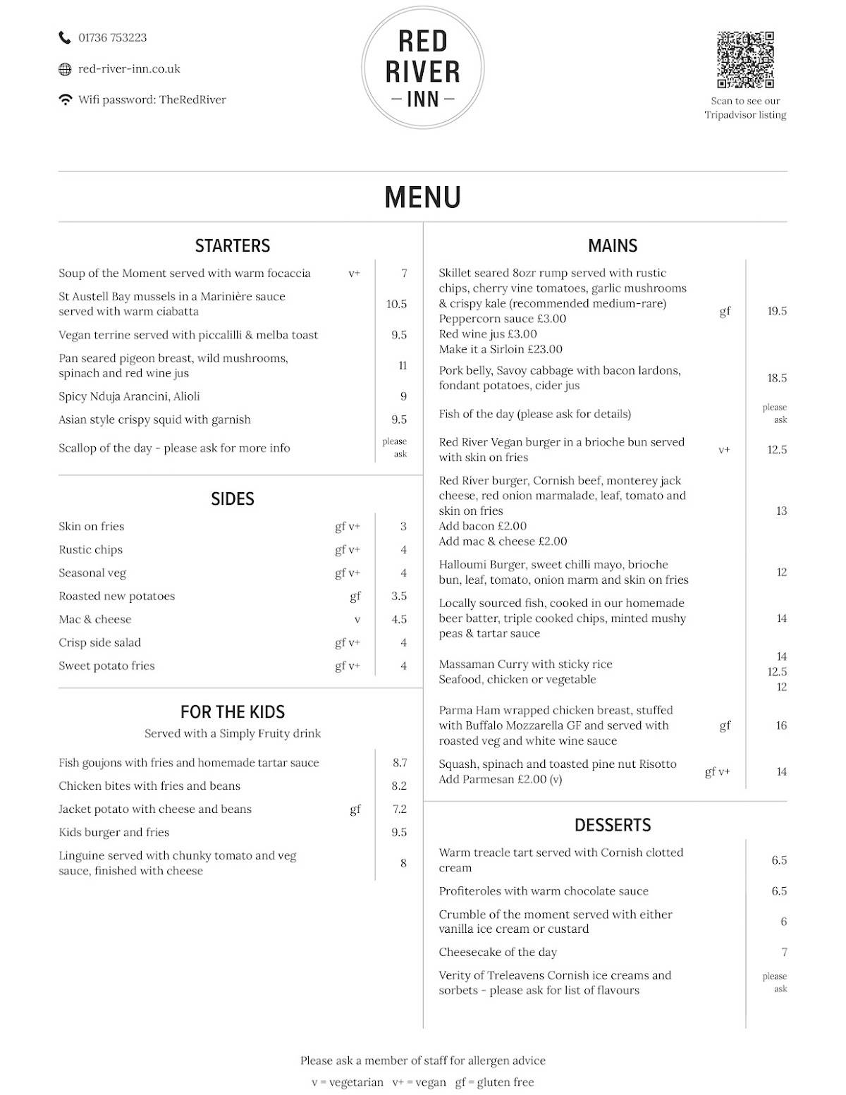 Menu at The Red River Inn pub & bar, Hayle