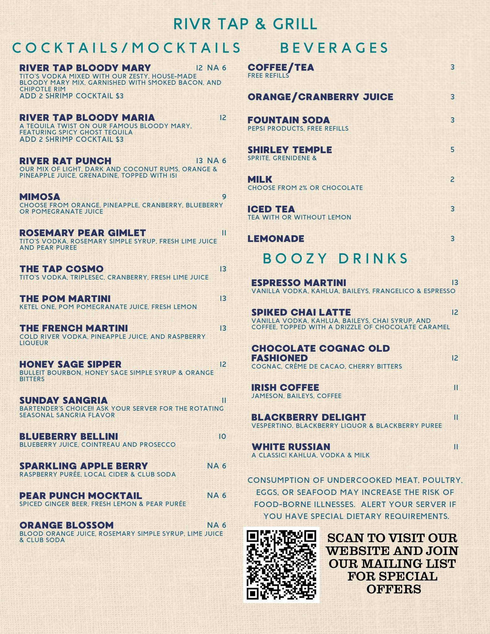 Menu at The River Tap & Grill pub & bar, Hollis
