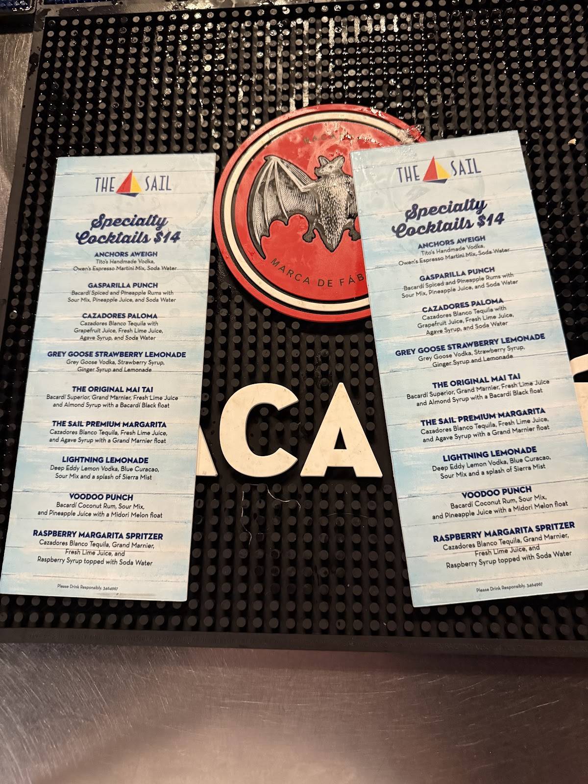 Menu at The Sail Plaza pub & bar, Tampa