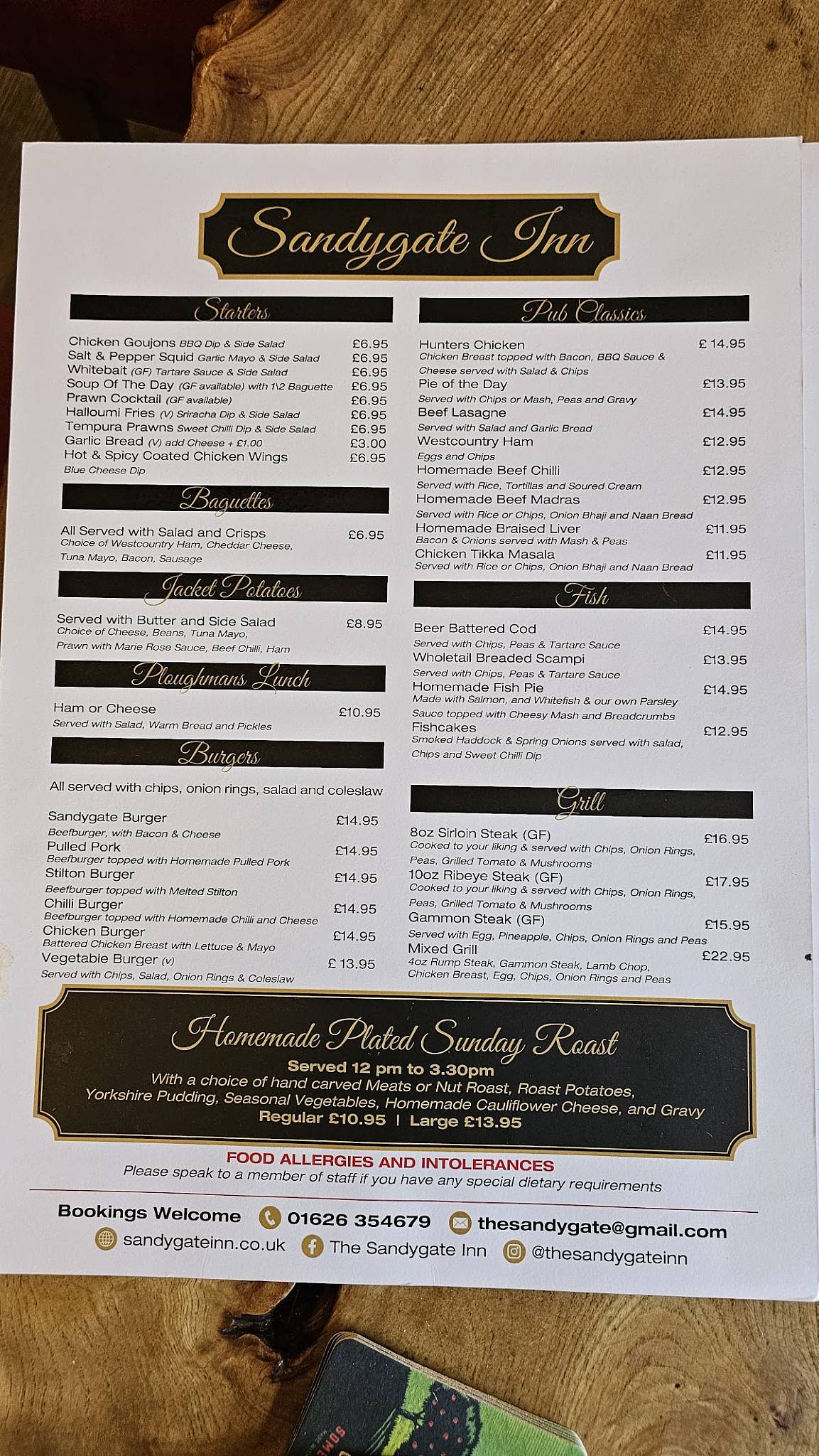 Menu at The Sandygate Inn pub & bar, Kingsteignton