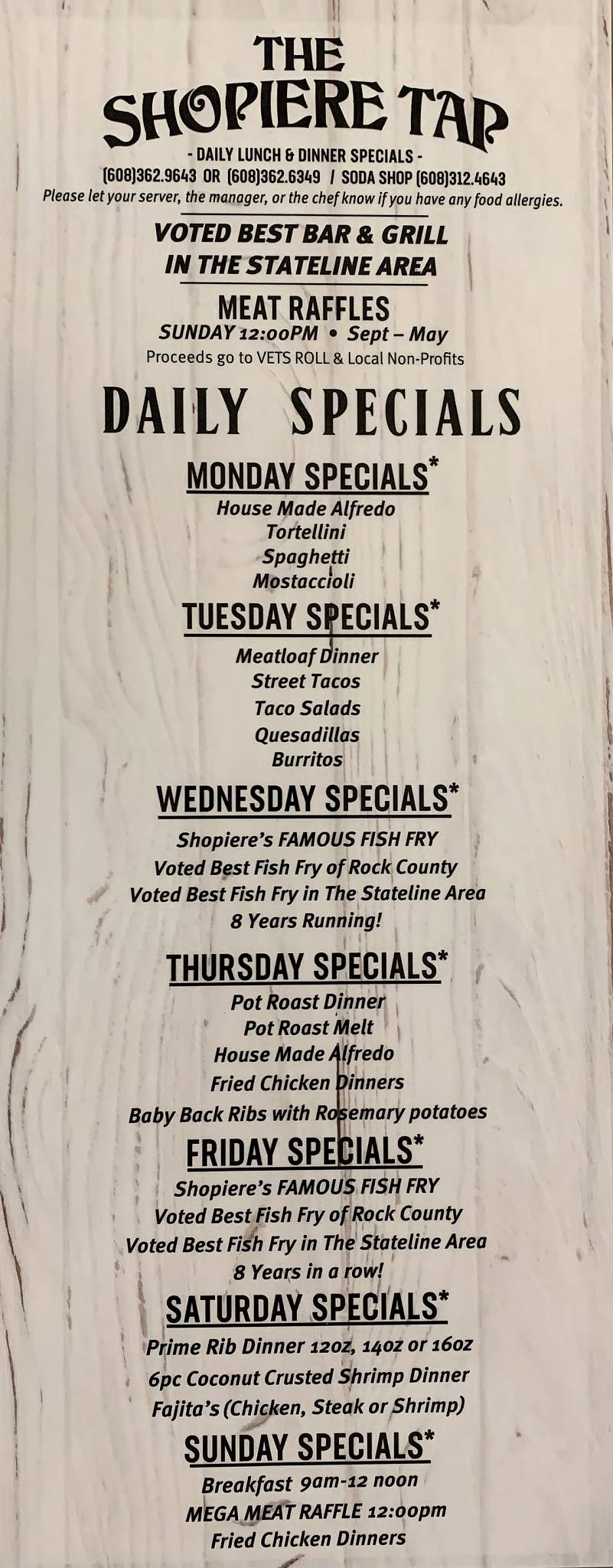 Menu at The Shopiere Tap pub & bar, Shopiere, E County Rd J