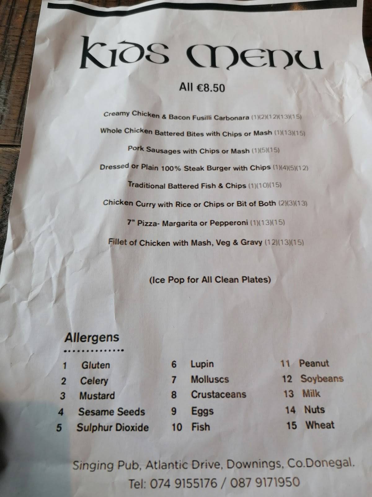 Menu at The Singing Pub, Downings, Atlantic Drive