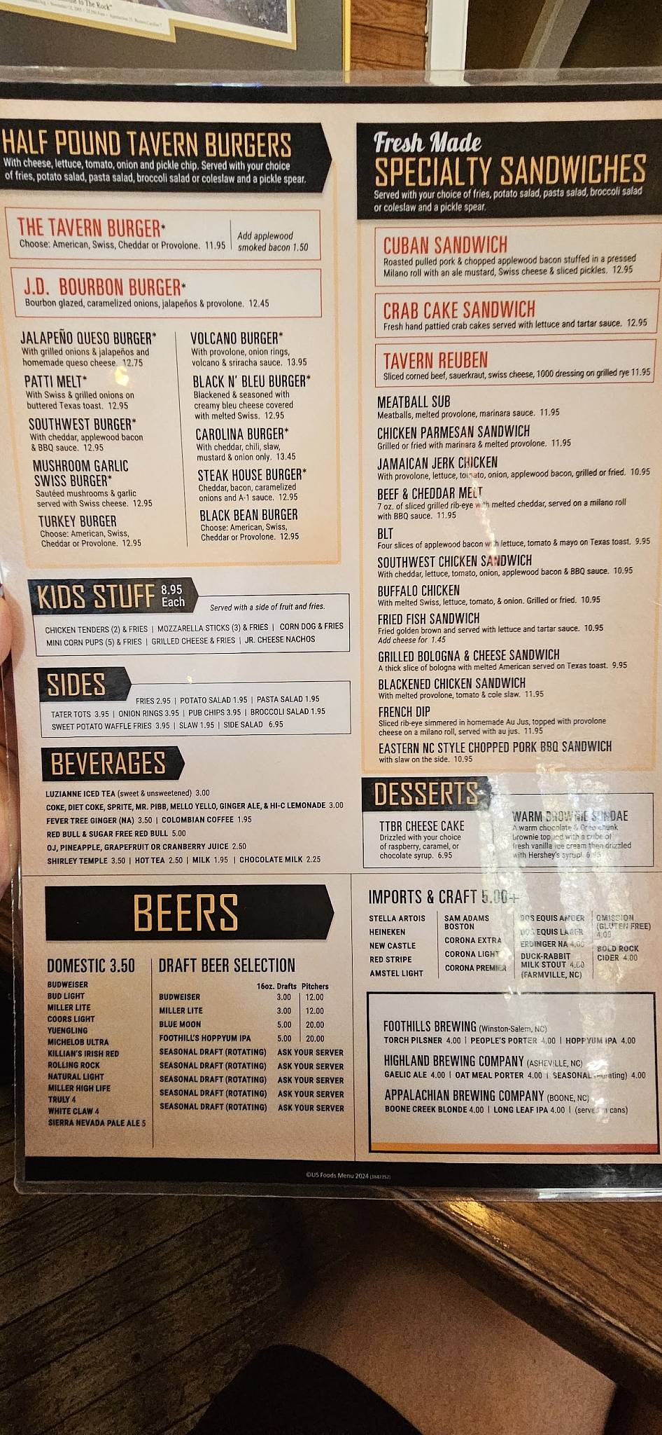 Menu at The Town Tavern pub & bar, Blowing Rock