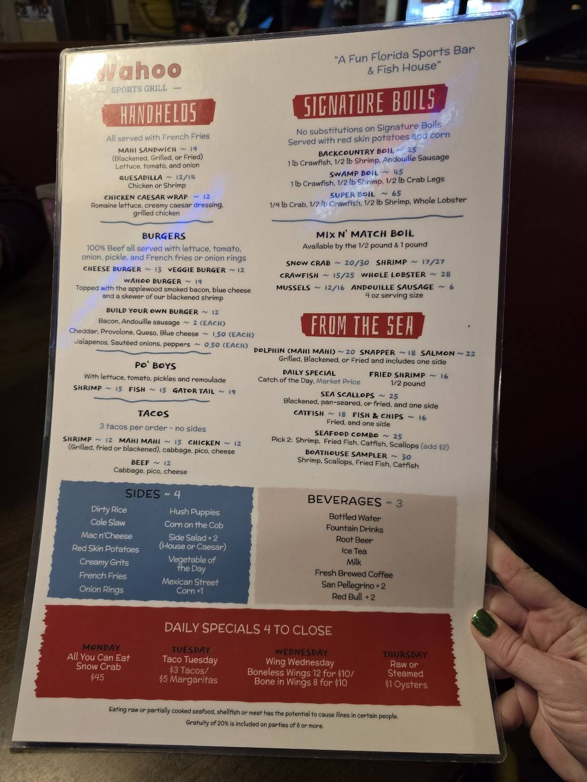 Menu at Wahoo Sports Grill restaurant, Tallahassee