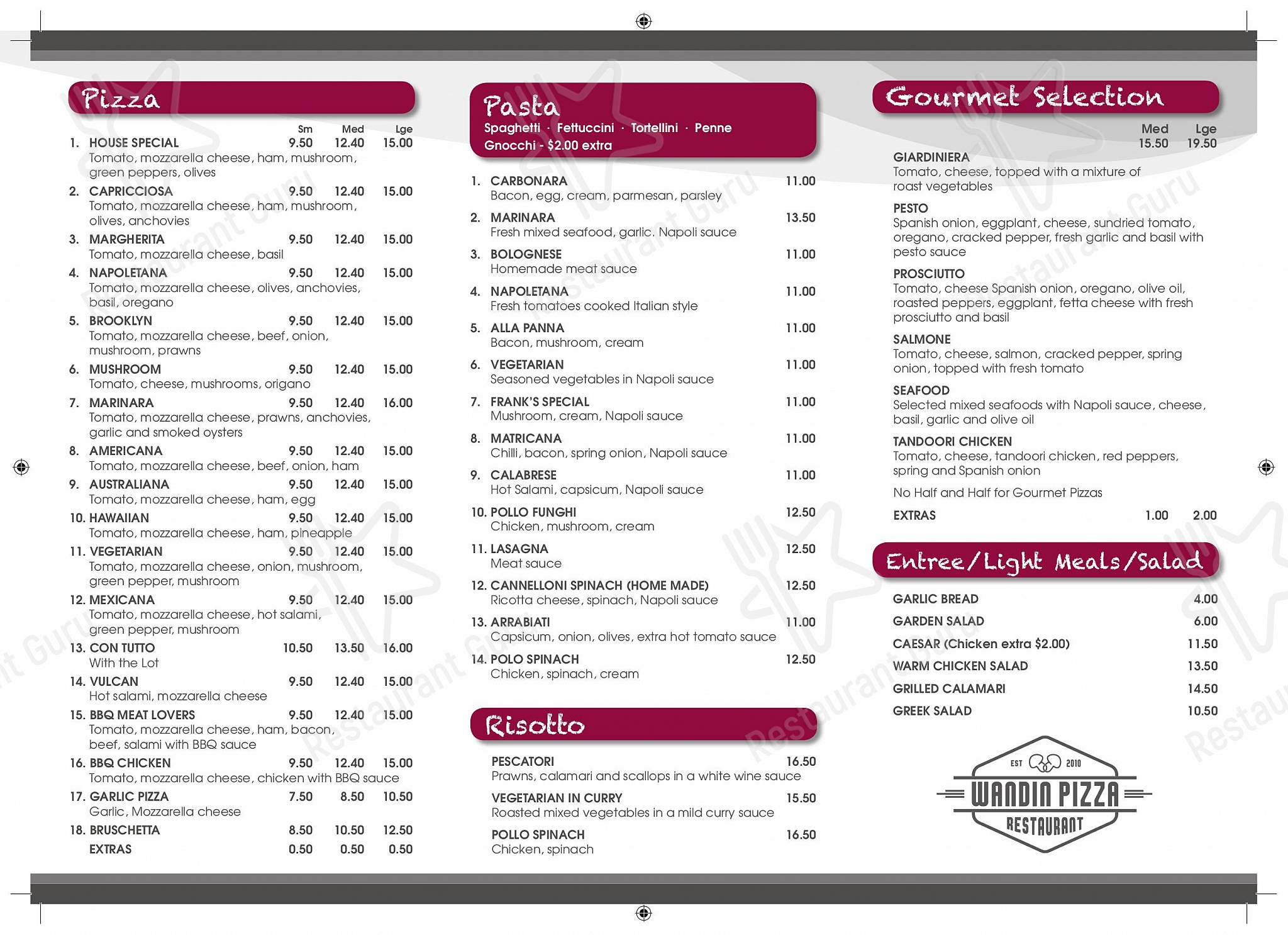 Menu at Wandin Pizza Bar, Wandin North