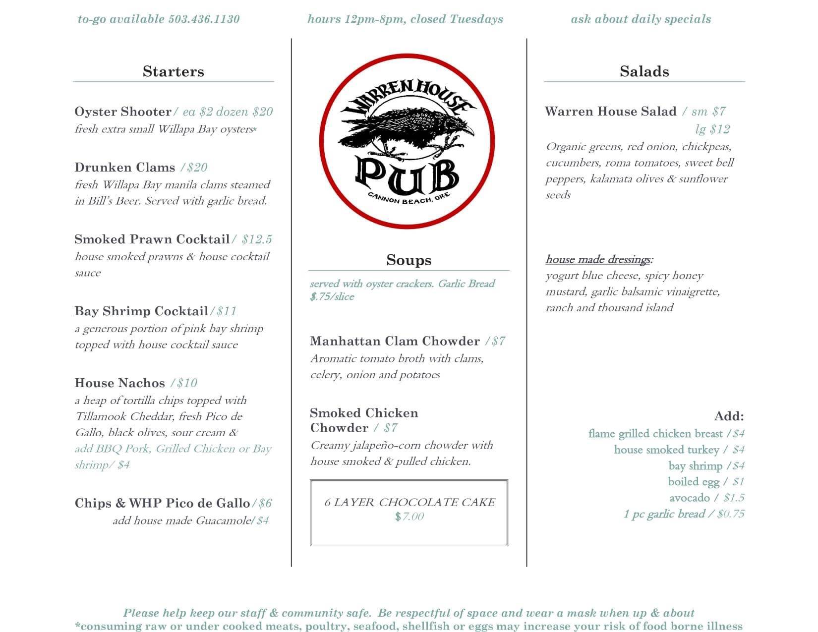 Menu at Warren House Pub, Cannon Beach