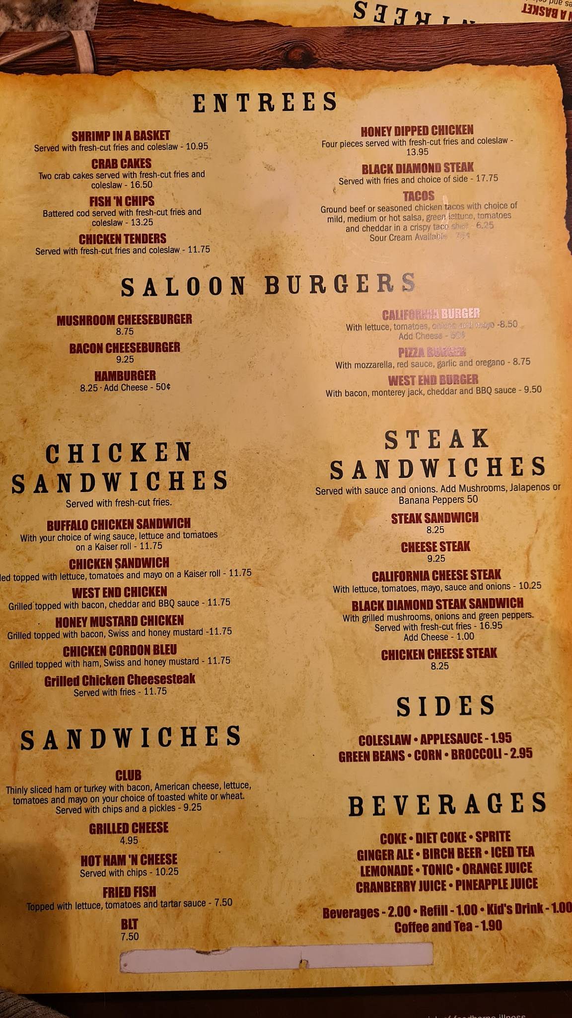 Menu at West End Saloon restaurant, Palmerton