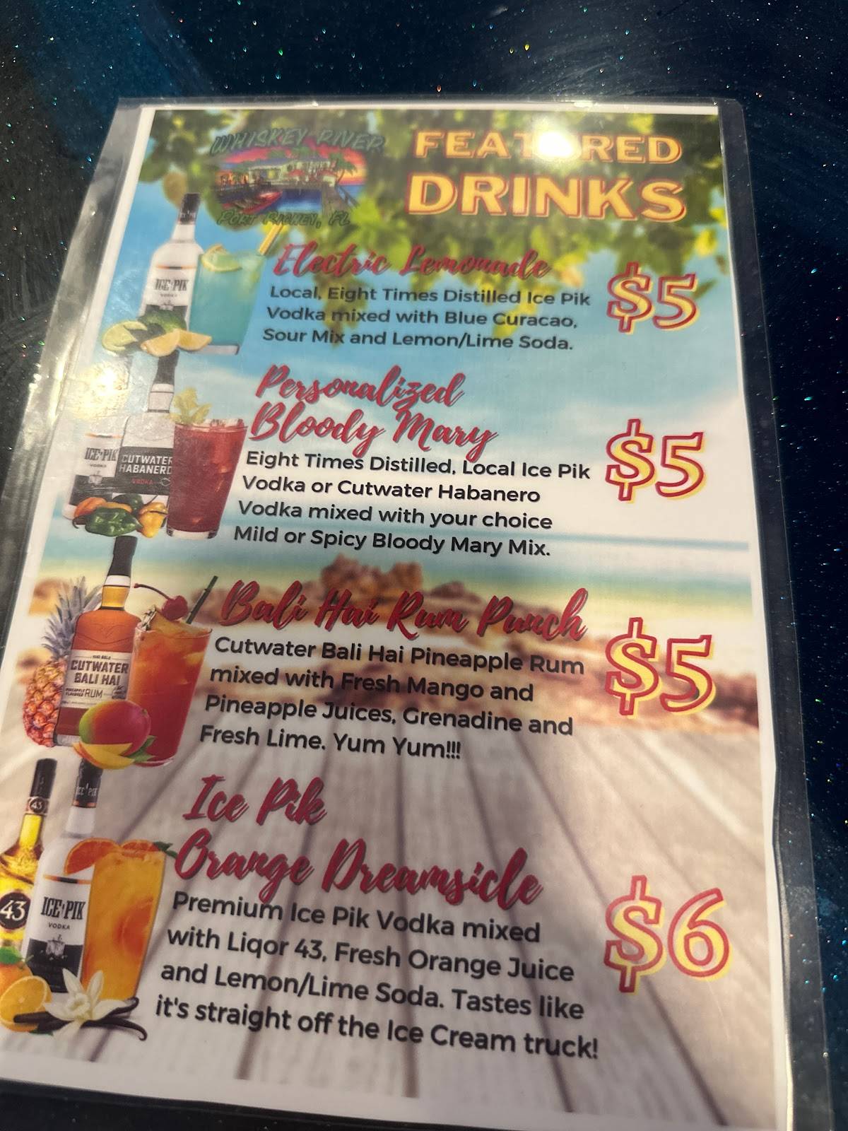 Menu at Whiskey River On The Water pub & bar, Port Richey