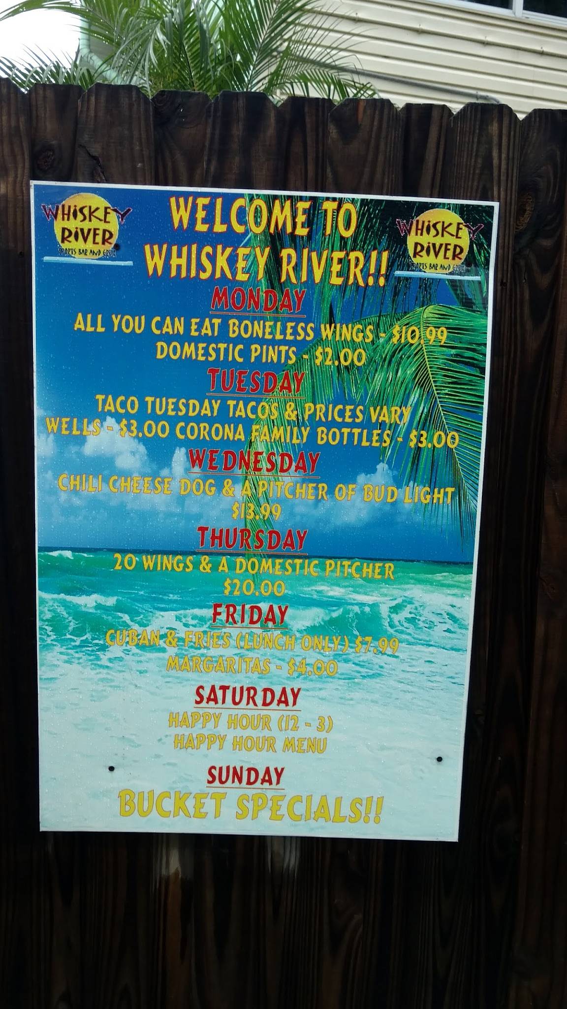 Menu at Whiskey River On The Water pub & bar, Port Richey