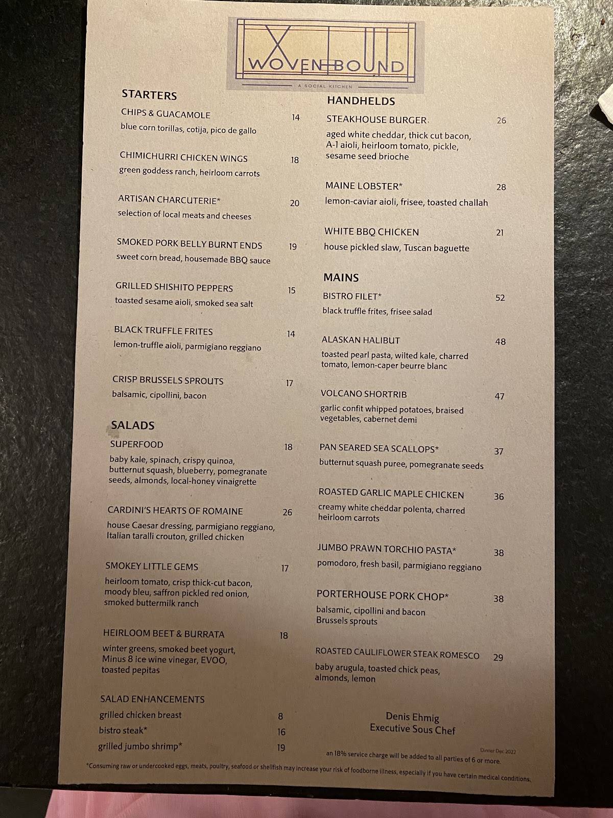 Menu at Woven + Bound Restaurant, Chicago