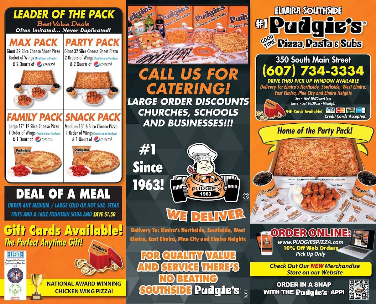 Menu at Pudgie's Pizza, Pasta & Subs pizzeria, Elmira, 350 S Main St