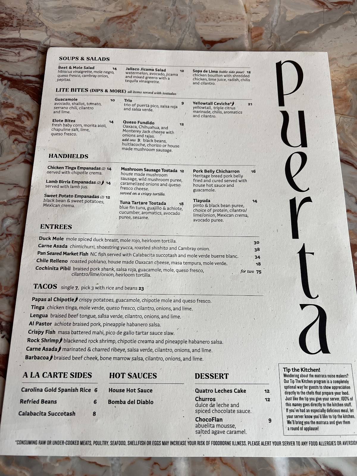 Menu at Puerta pub & bar, Charlotte