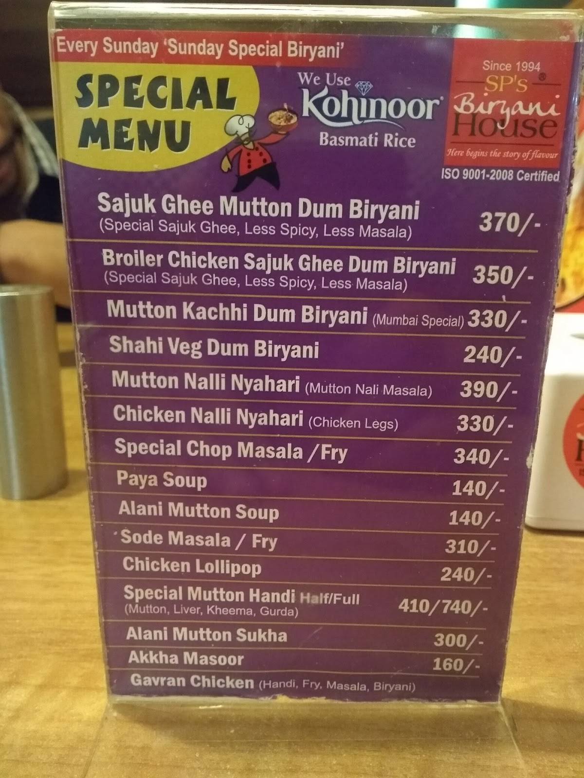 Menu at SP's Biryani House, Pune