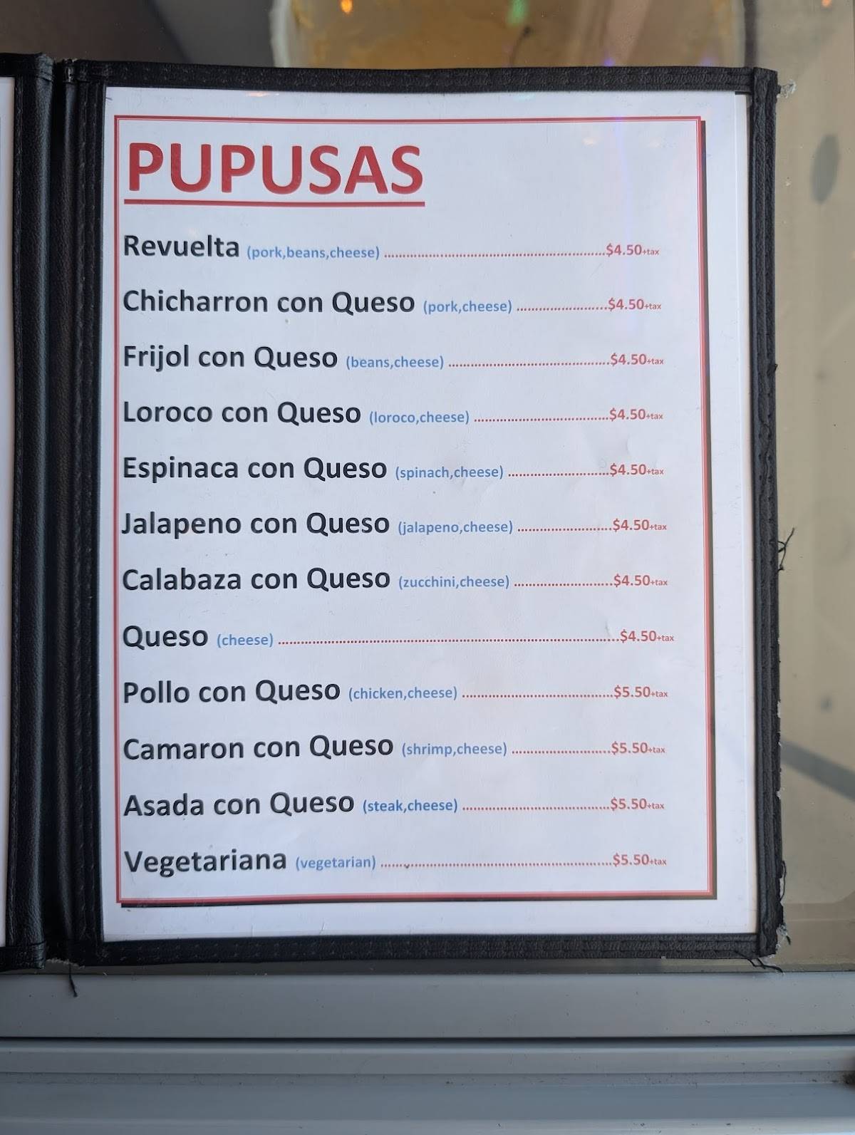 Menu at Pupuseria el kiosco restaurant, Long Beach